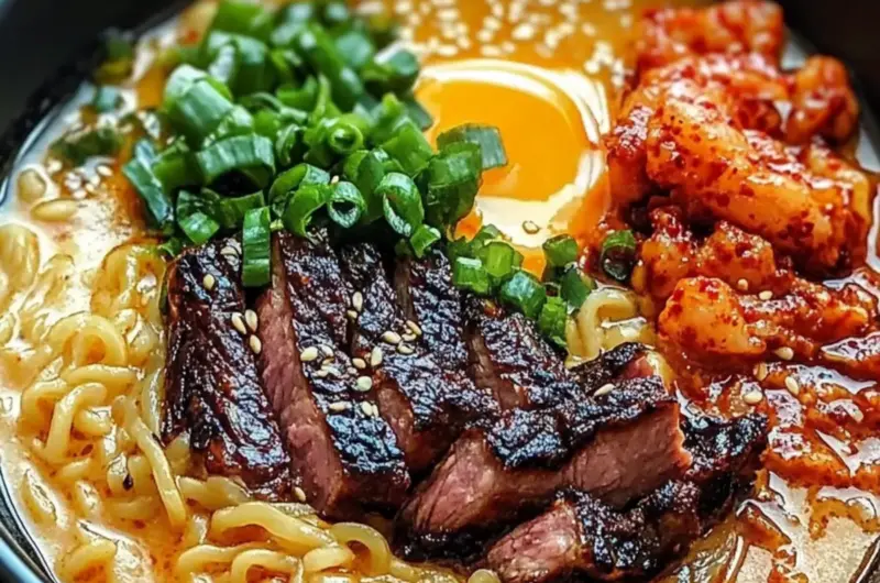 Ultimate Spicy Korean Ramen with Grilled Beef & Creamy Sauce